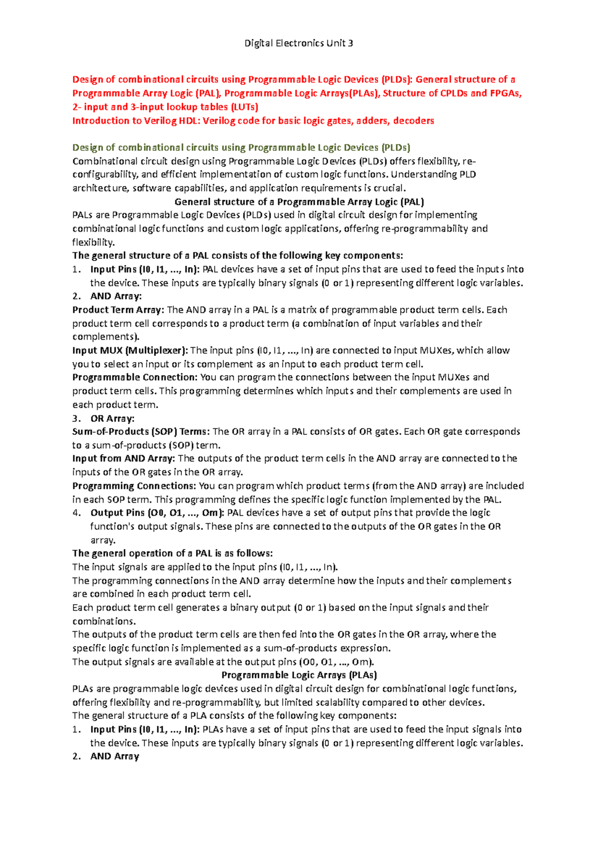 Digital Electronics Unit 3 Ou Design Of Combinational Circuits Using Programmable Logic