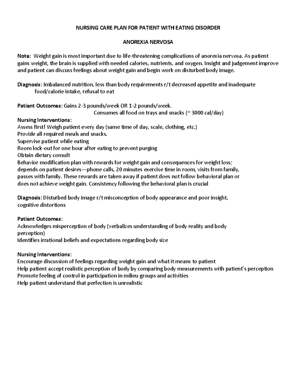 EDO Care Plan - NURSING CARE PLAN FOR PATIENT WITH EATING DISORDER ...