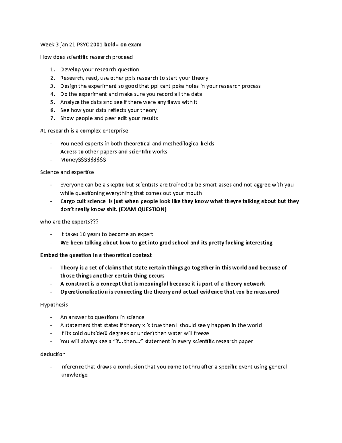 Week 3 jan 21 PSYC 2001 bold - Week 3 jan 21 PSYC 2001 bold= on exam How does scientific ...