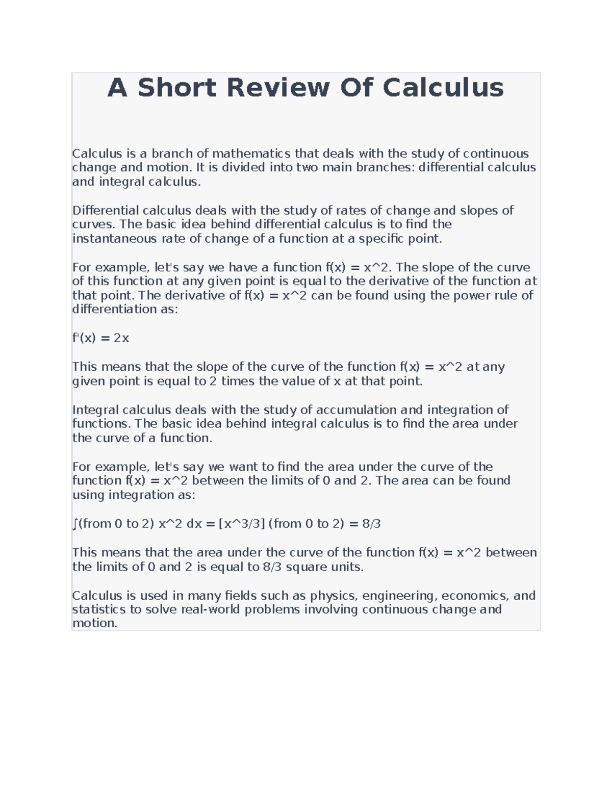 A Short Review Of Calculus - A Short Review Of Calculus Calculus is a ...
