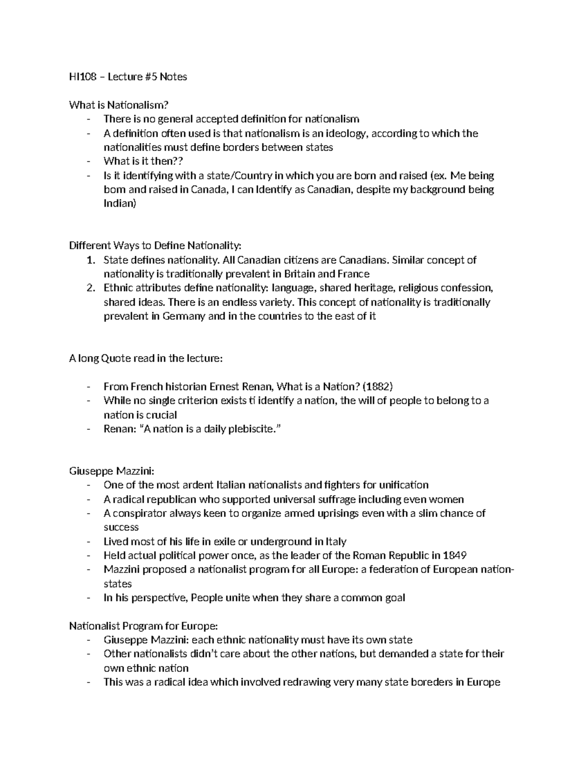 HI108 - Lecture #5 Notes - HI108 – Lecture #5 Notes What is Nationalism ...