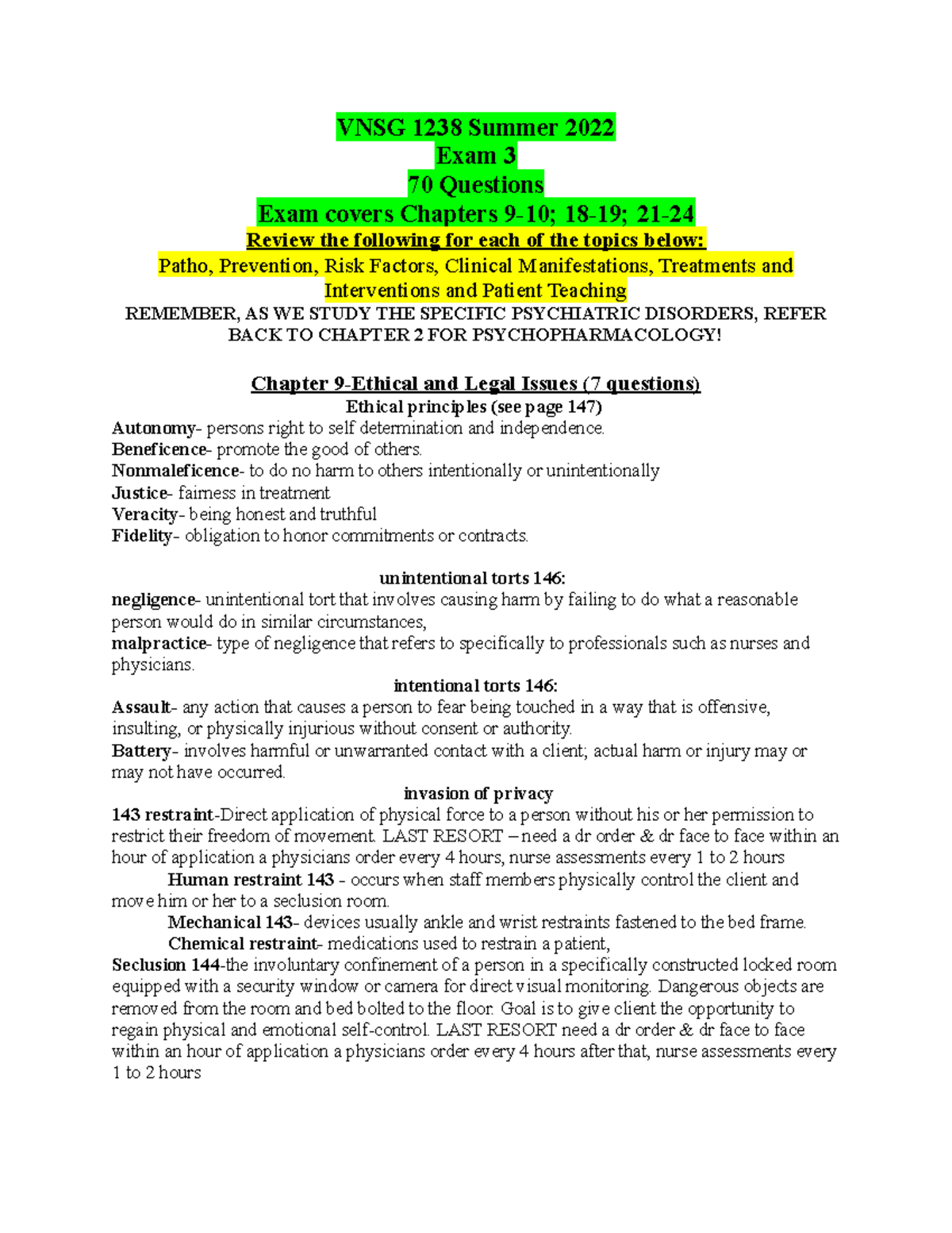LVN Mental Health Notes - VNSG 1238 Summer 2022 Exam 3 70 Questions ...