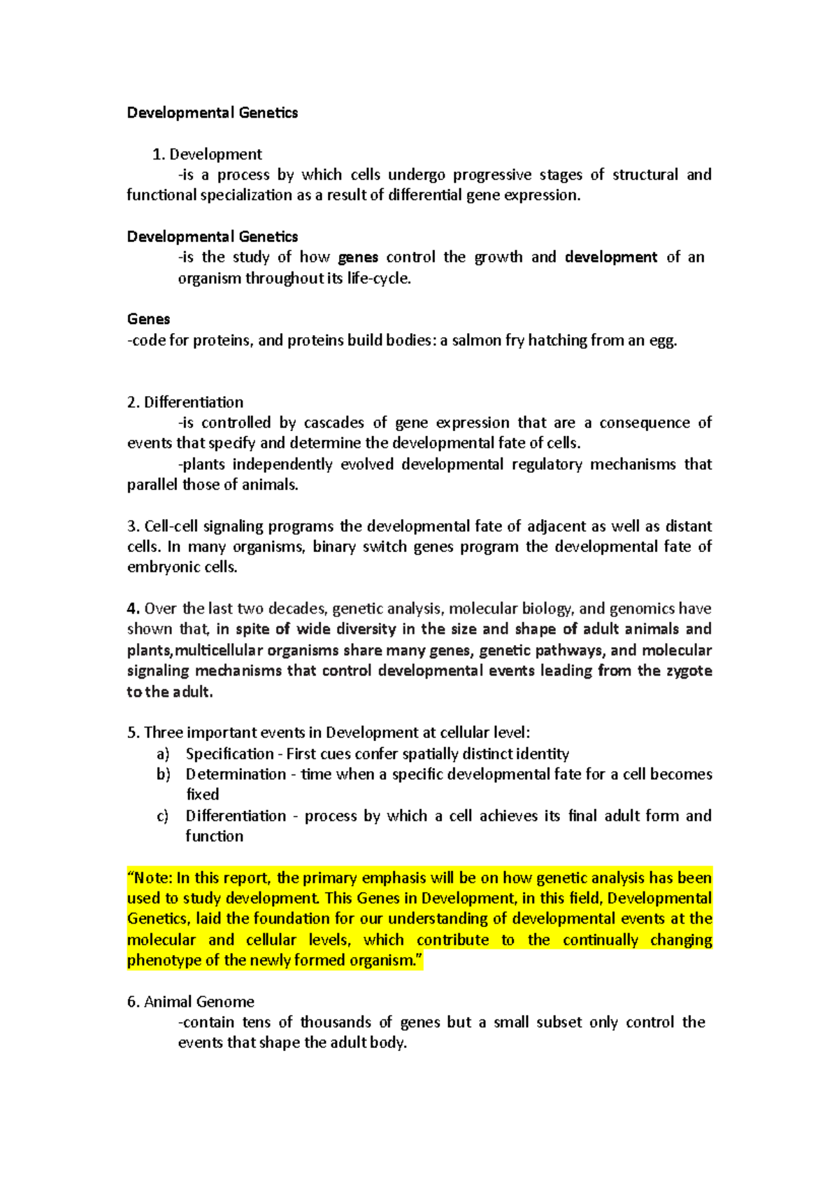 Developmental Genetics Notes - Developmental Genetics Development -is a ...