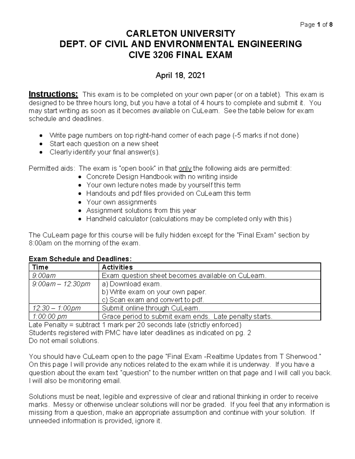 A CIVE 3206 2021 Final - CARLETON UNIVERSITY DEPT. OF CIVIL AND ...