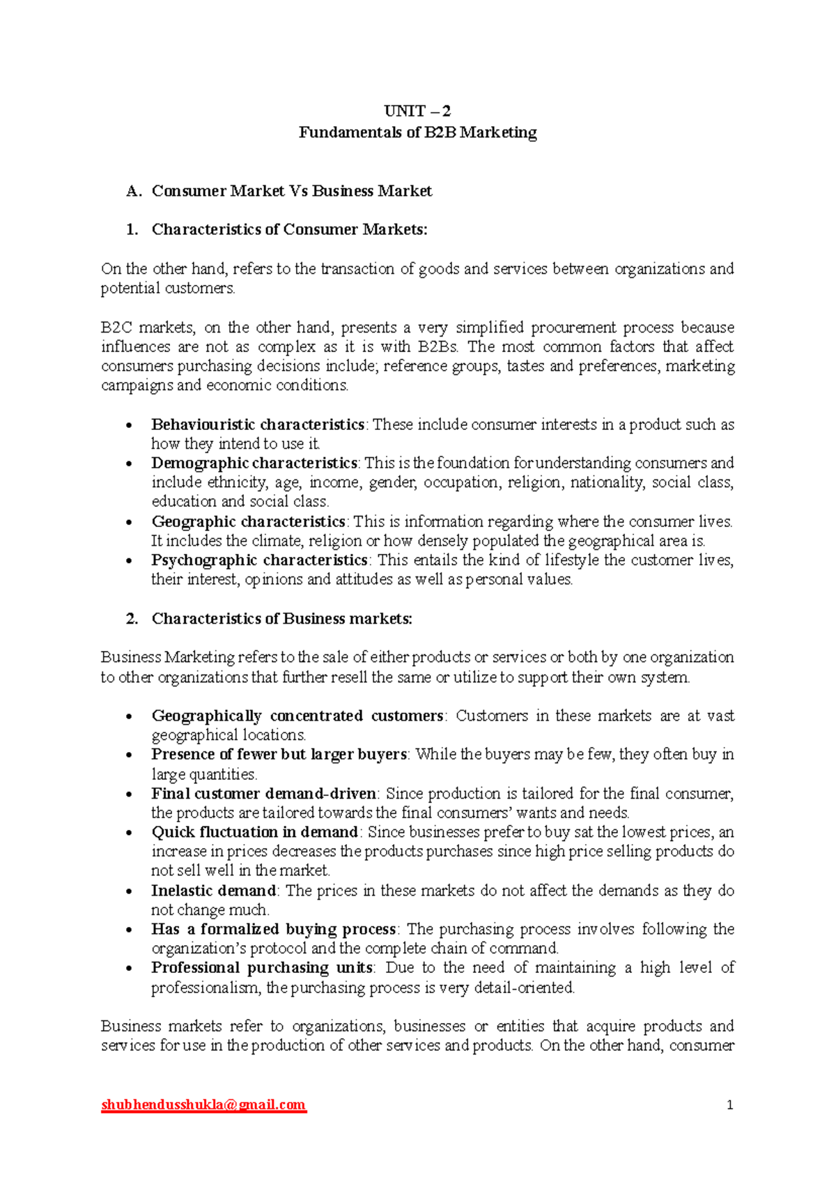 MK03 UNIT - 1 - UNIT – 2 Fundamentals of B2B Marketing A. Consumer Market Vs Business Market ...