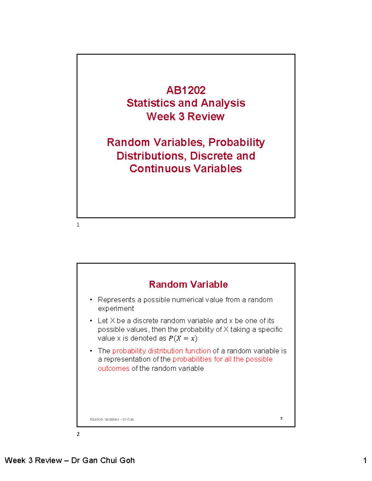 Wk 3-Tut 3 notes-Random Variables Dr Gan Chui Goh - AB Statistics and ...