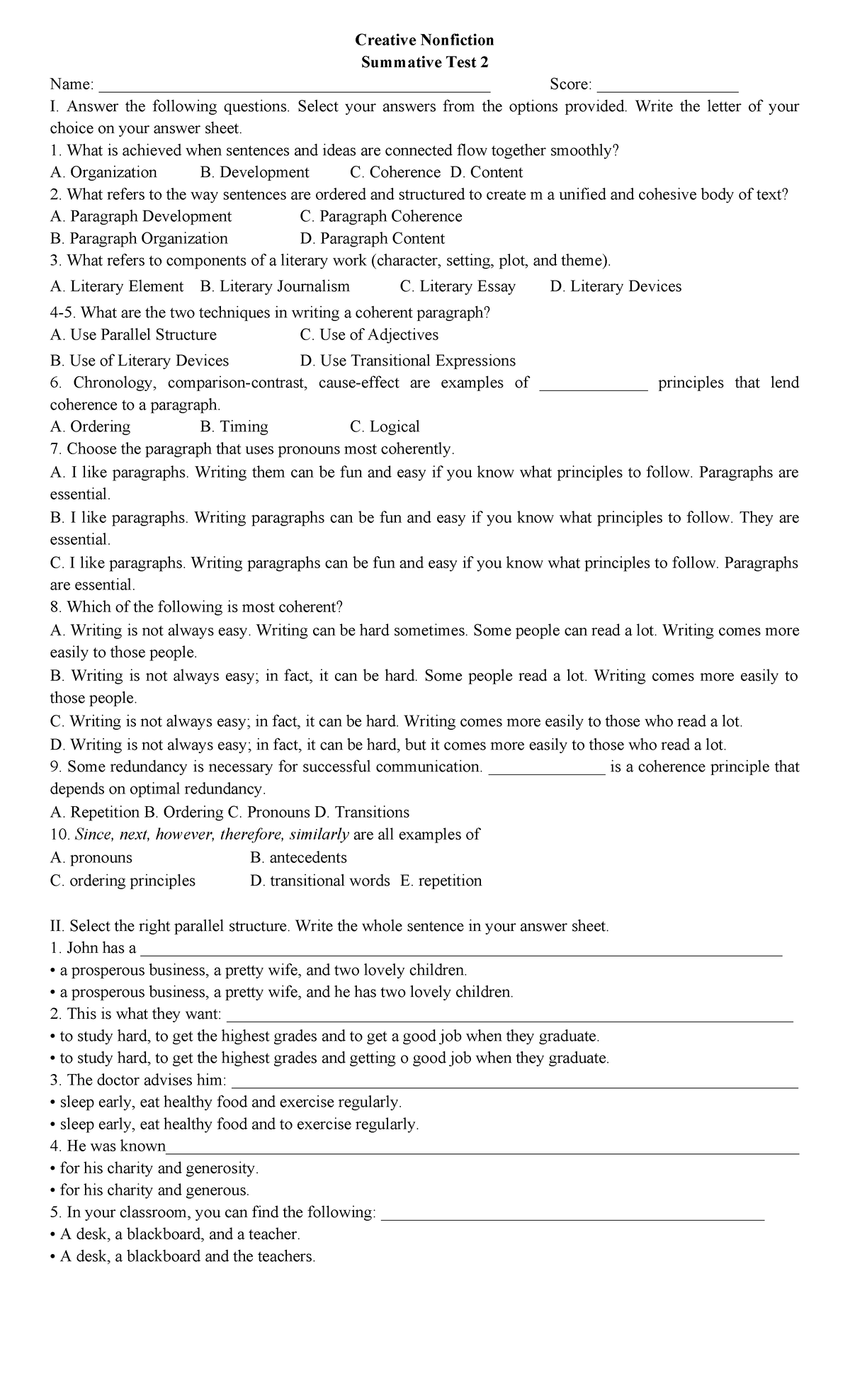 Week 2 Summative Test on Creative Nonfiction for Grade 12 HUMSS ...