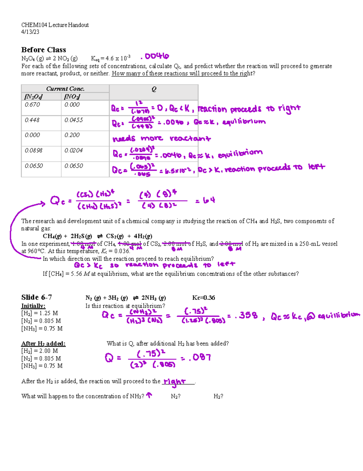 CHEM104 4/13 Lecture Handout: Comparing Q and K - CHEM104 Lecture ...