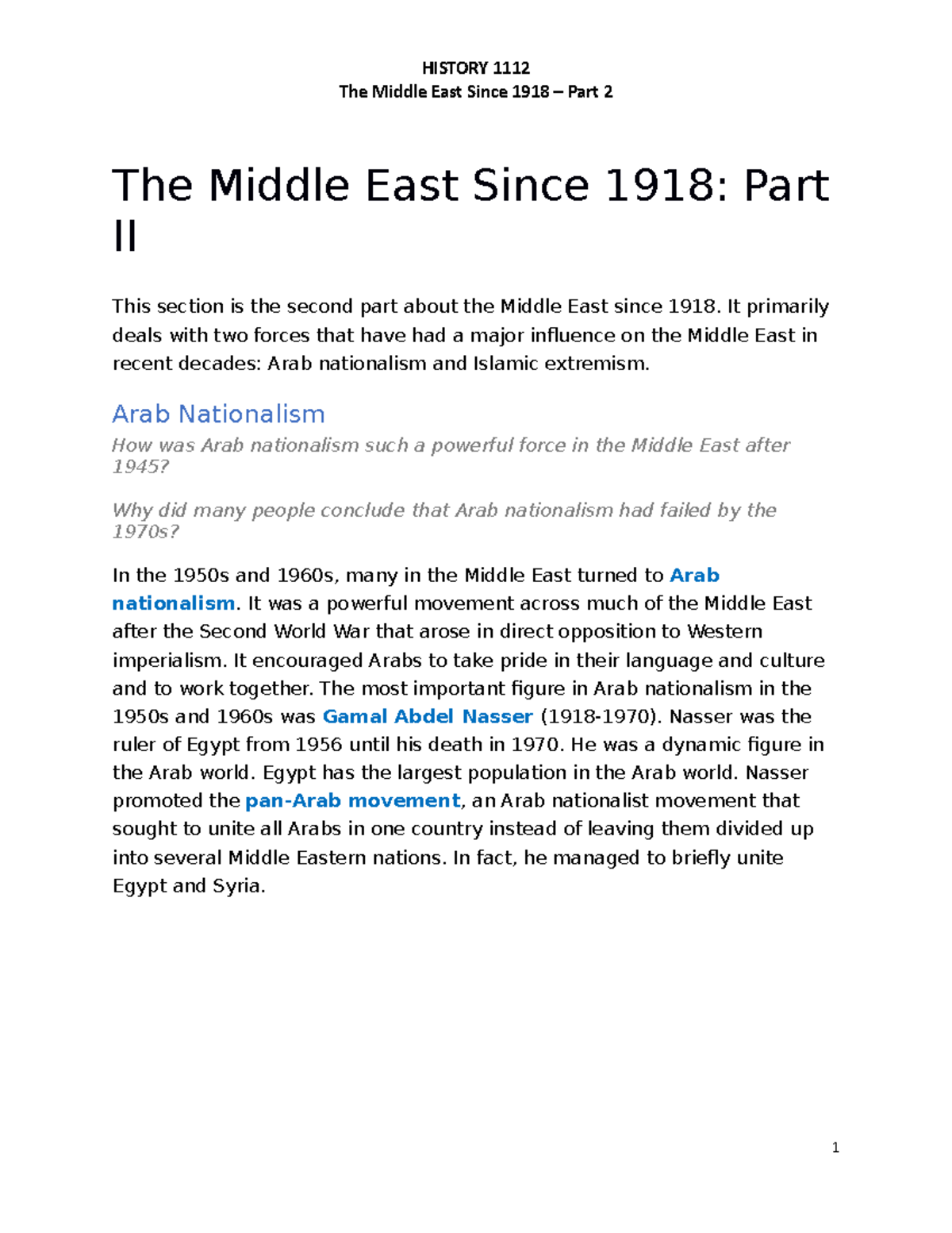 HIST 1112 - The Middle East Since 1918 - Part 2 - The Middle East Since ...