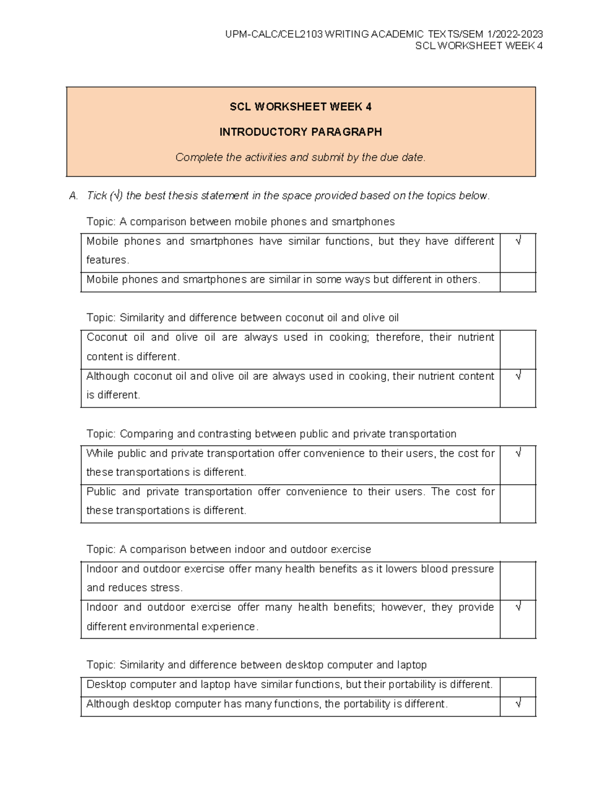 SCL Worksheet WEEK 4 - UPM-CALC/CEL2103 WRITING ACADEMIC TEXTS/SEM 1/ ...
