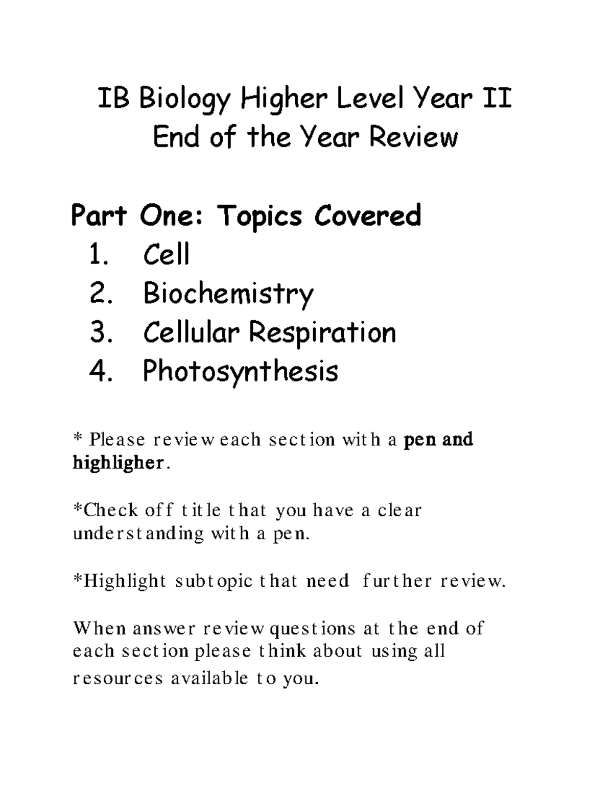 Notes , practice questions - IB Biology Higher Level Year II End of the ...