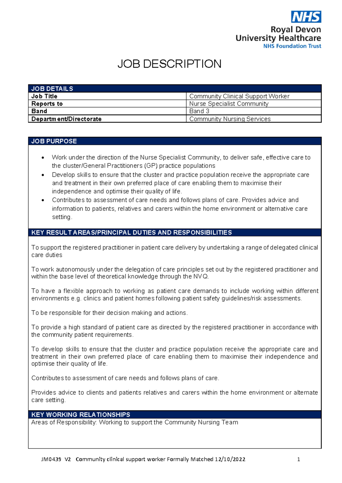 Job Description - Senior Healthcare Support Worker - JOB DESCRIPTION ...