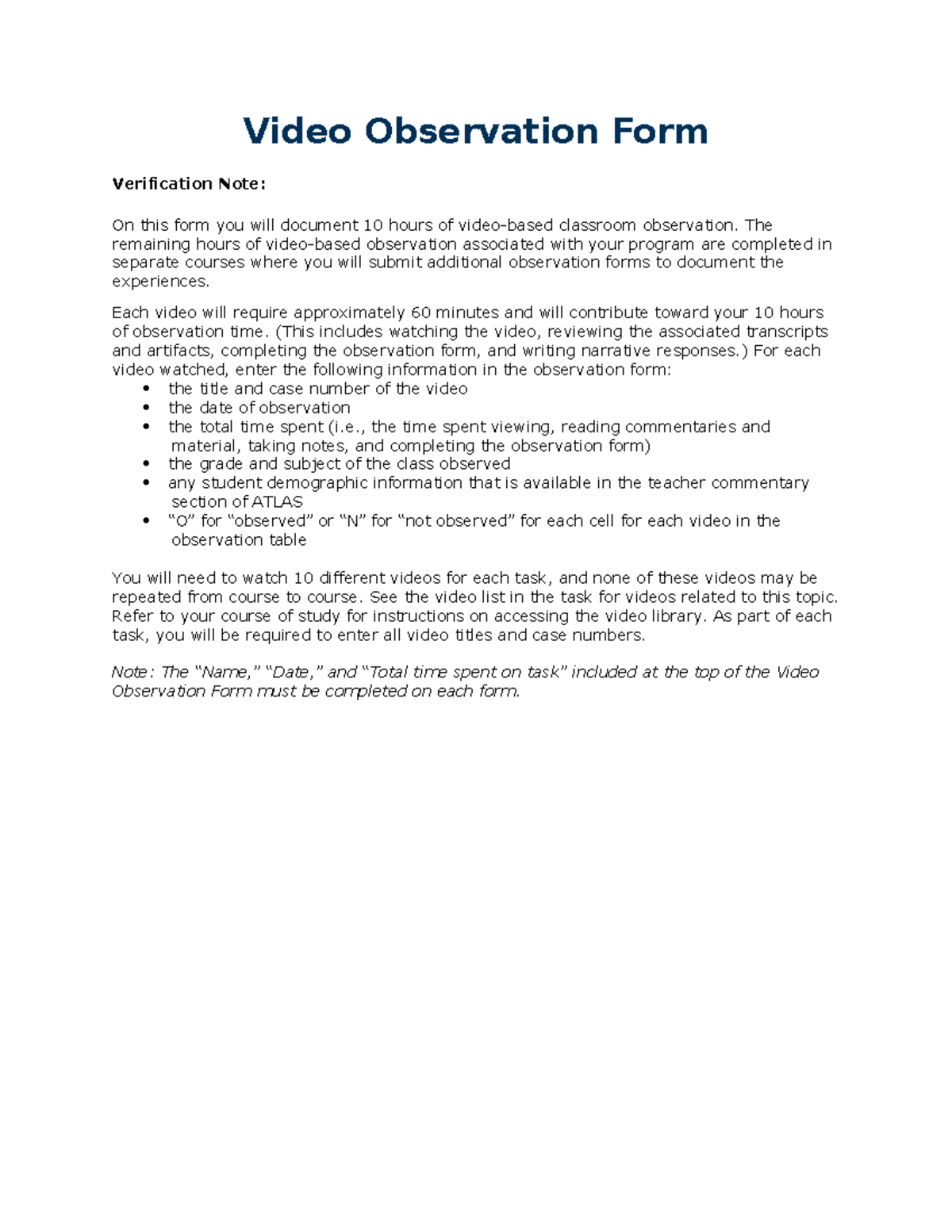 Classroom management observation log - Video Observation Form ...