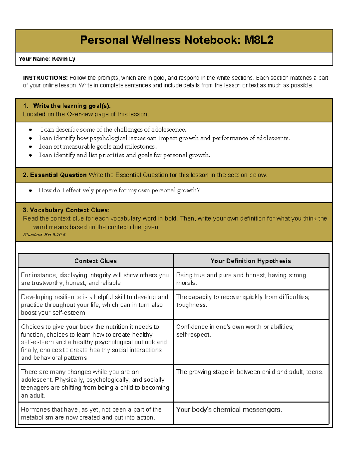Health Personal Wellness Notebook M8L2 - Personal Wellness Notebook ...