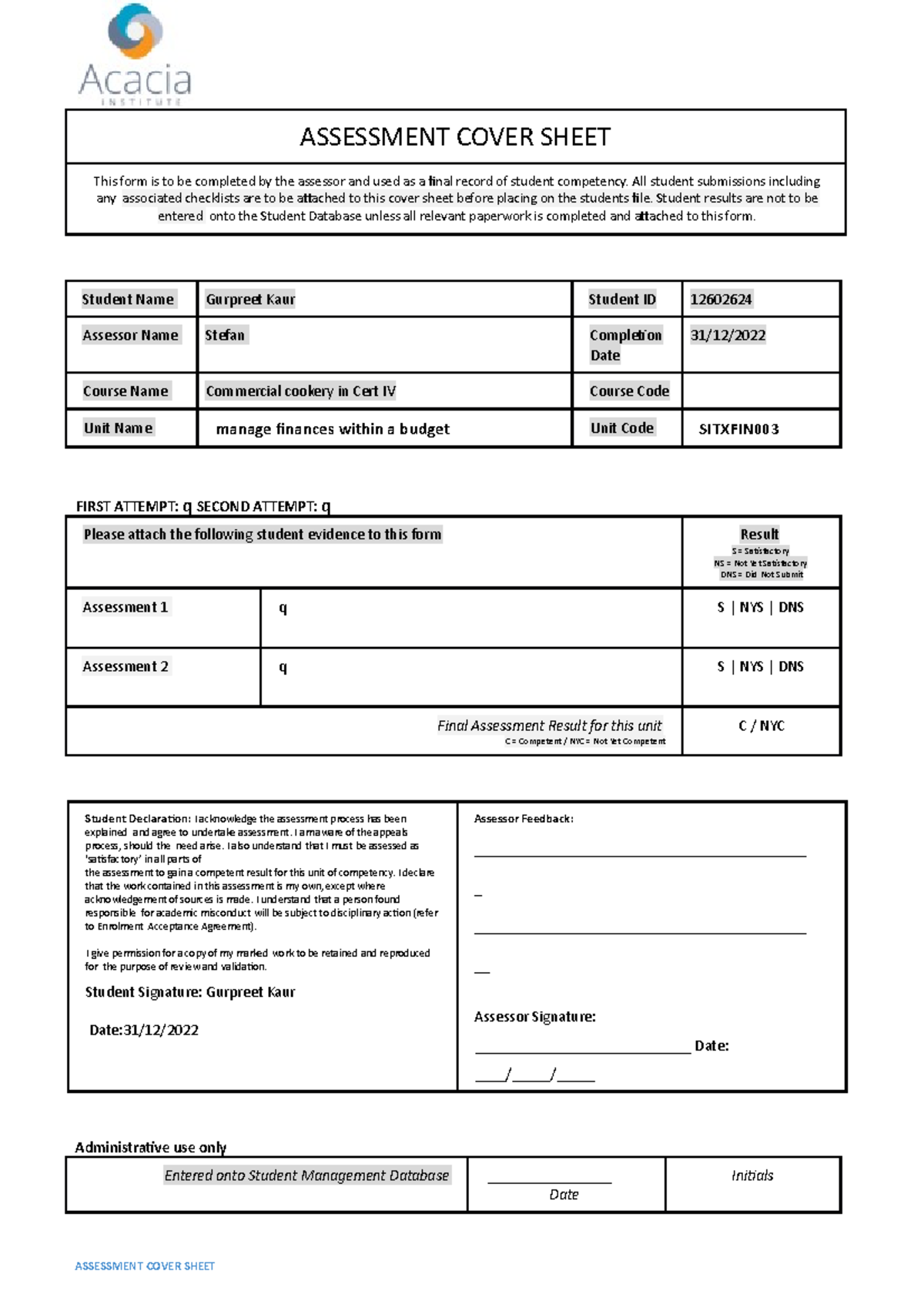 Sitxfin 003 Student PACK - ASSESSMENT COVER SHEET This form is to be ...