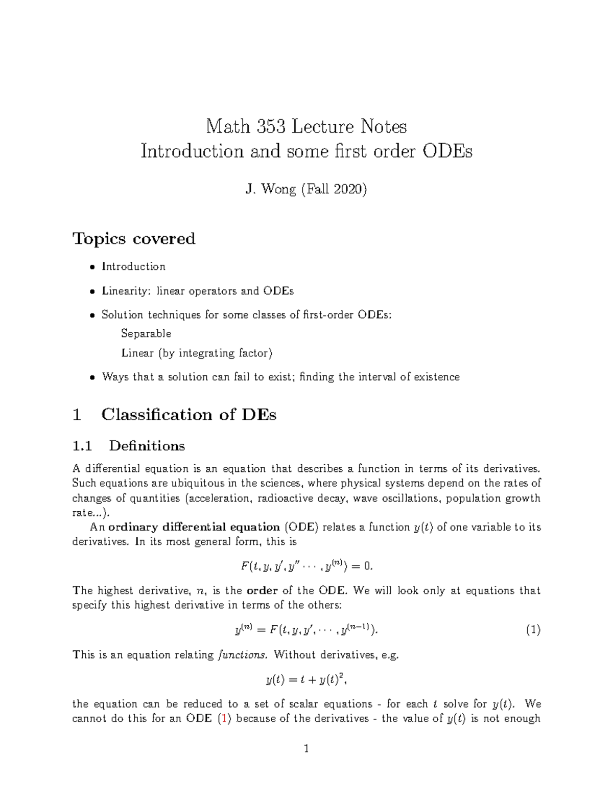 Lec1-Introduction and some rst order ODEs - Math 353 Lecture Notes ...