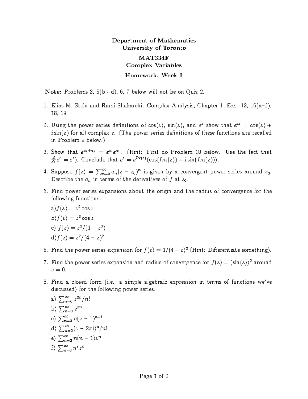 MAT334F2019 HW2 - Practice questions for Quiz 2. - Department of ...
