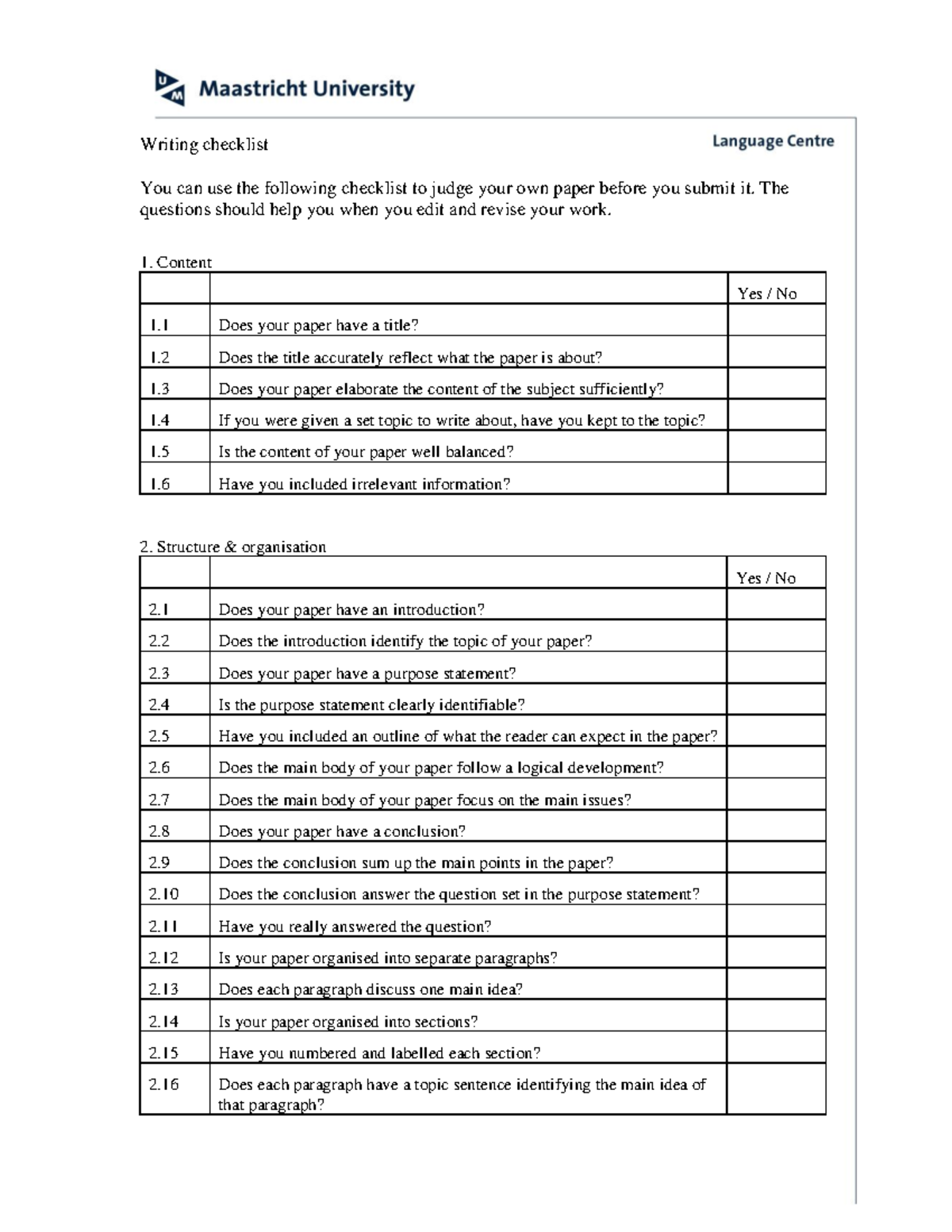 Writing Checklist aw - beoordelingsformulier academische werkstuk - 1 ...
