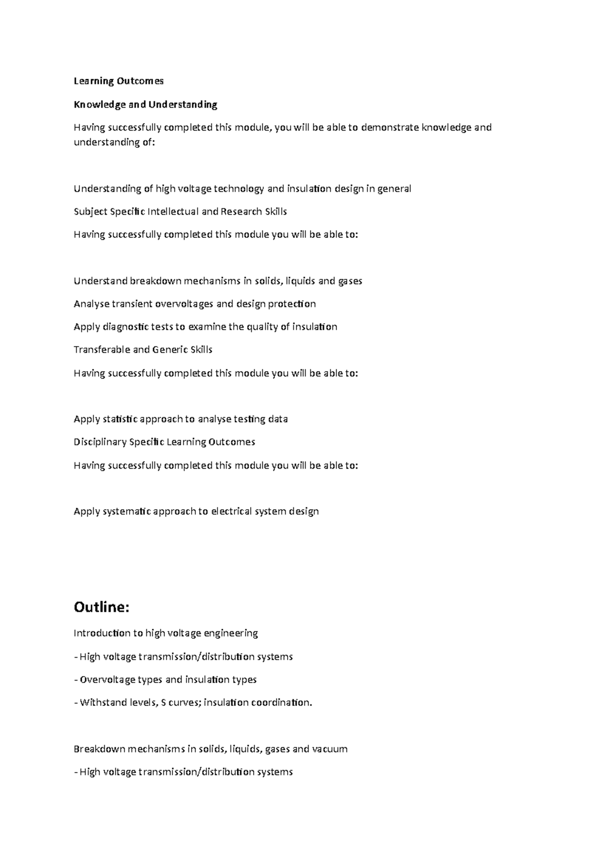 Outline - Learning Outcomes Knowledge and Understanding Having ...