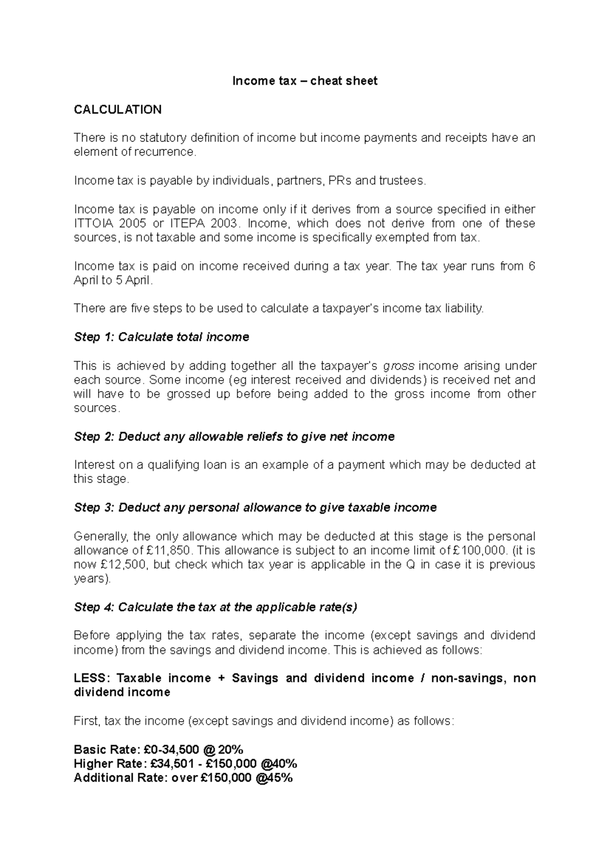 Income tax cheat sheet - Workshop 9 -materials tax calculations ...