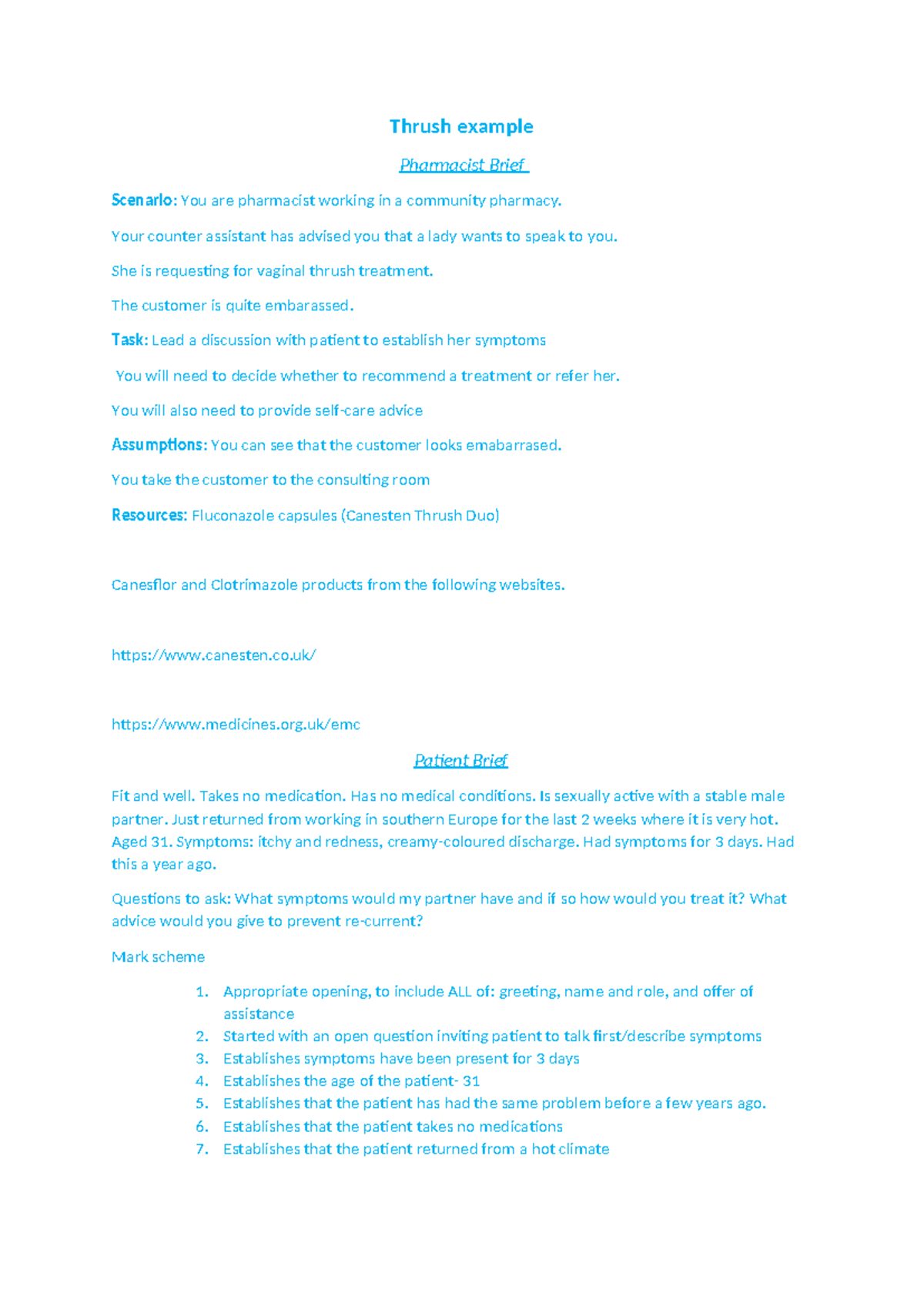 OSCE role play scenarios - Thrush example Pharmacist Brief Scenario ...