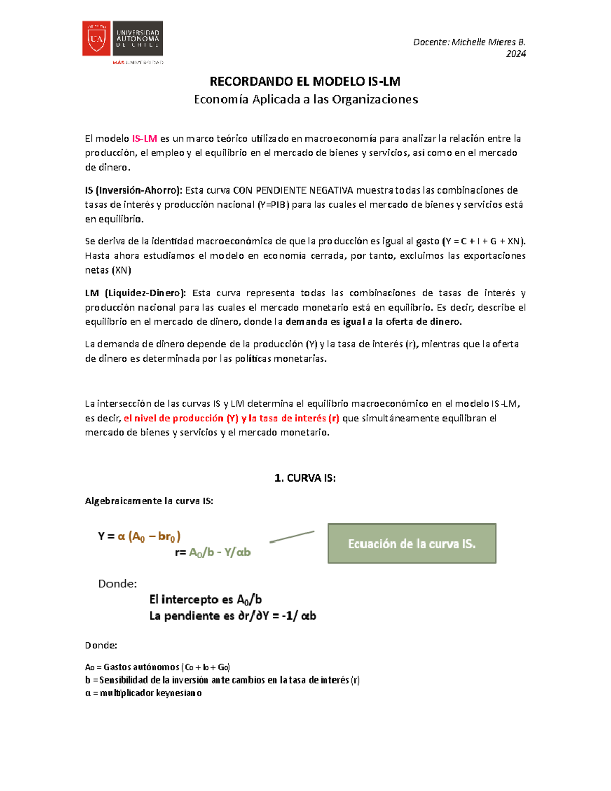 Recordando Modelo IS-LM U2 - 2024 RECORDANDO EL MODELO IS-LM Economía ...