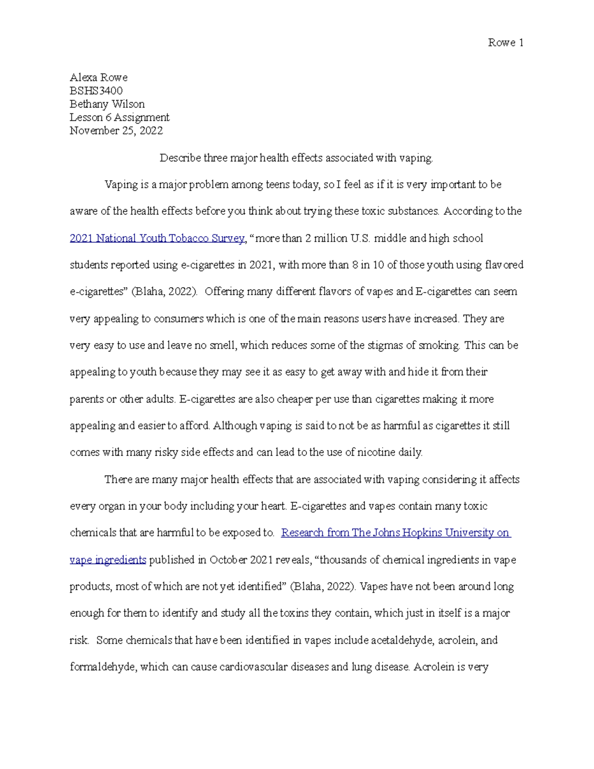 Vaping-week 6 - Vaping research study - Rowe 1 Alexa Rowe BSHS Bethany ...
