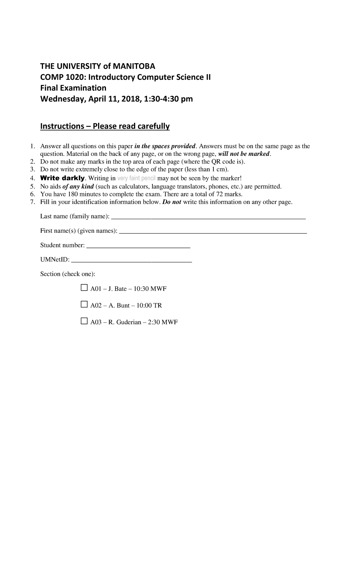 COMP 1020 Final Winter 2018 Solutions - THE UNIVERSITY of MANITOBA COMP ...