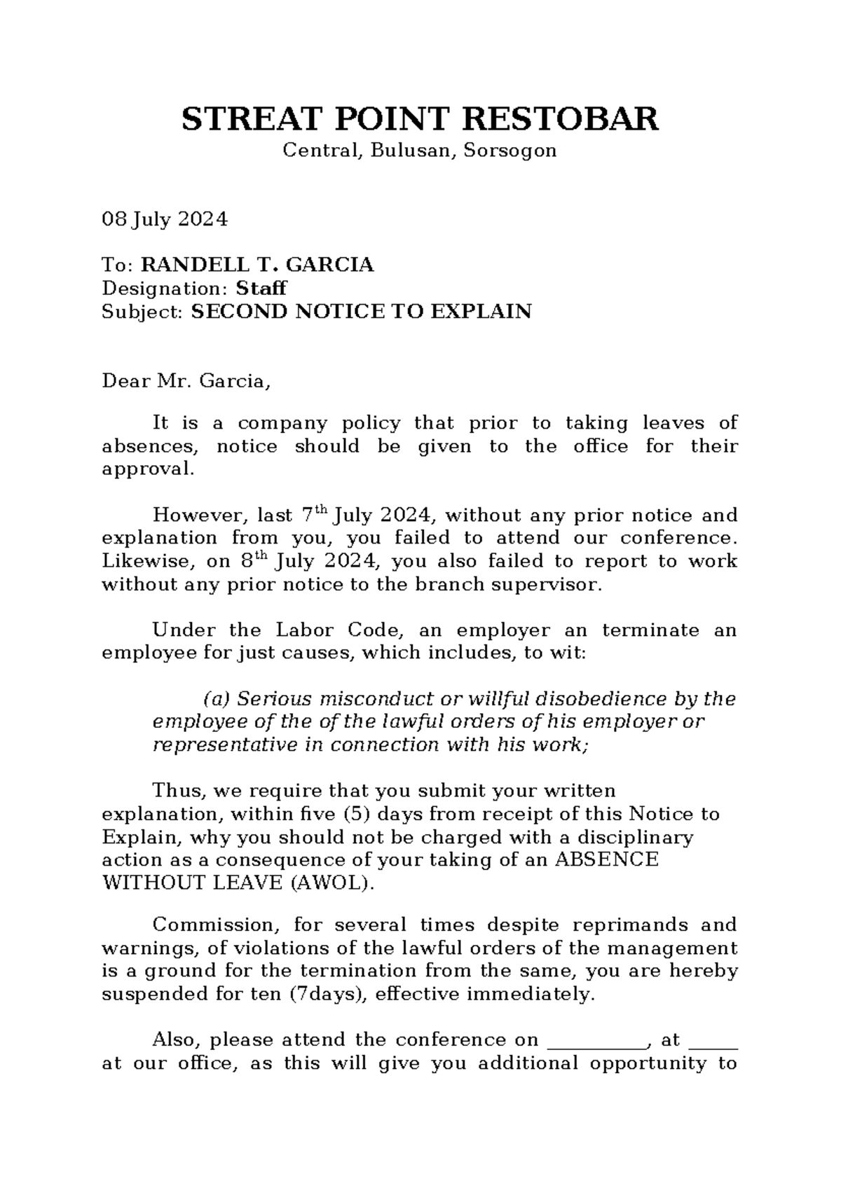 Notice to Explain - Randell T Garcia 2nd - STREAT POINT RESTOBAR ...