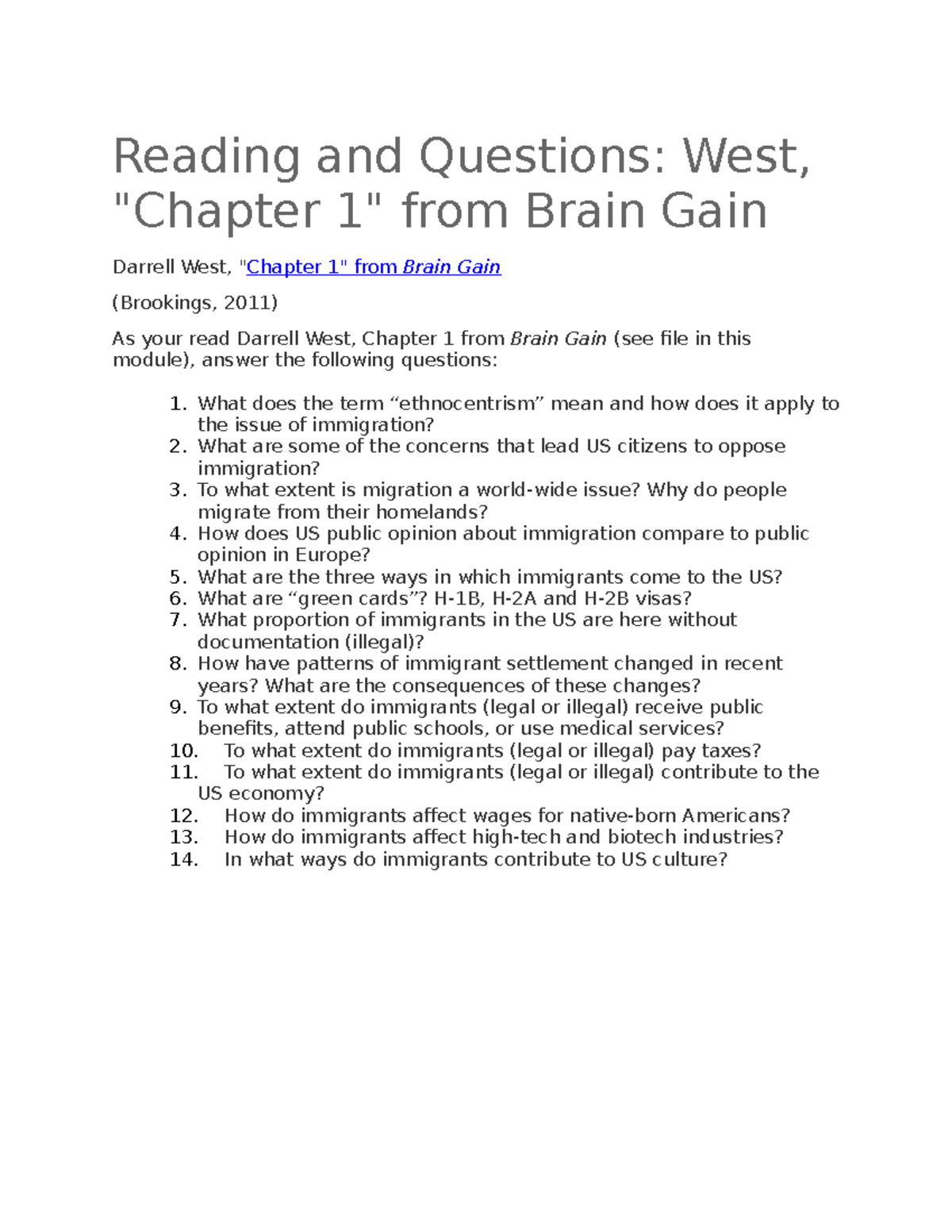 West, Brain Gain - Reading for Unit 5 - Reading and Questions: West, "Chapter 1" from - Studocu