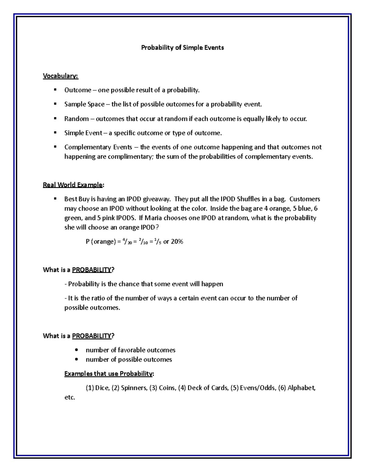 Probability Of Simple Events Theories Probability Of Simple Events