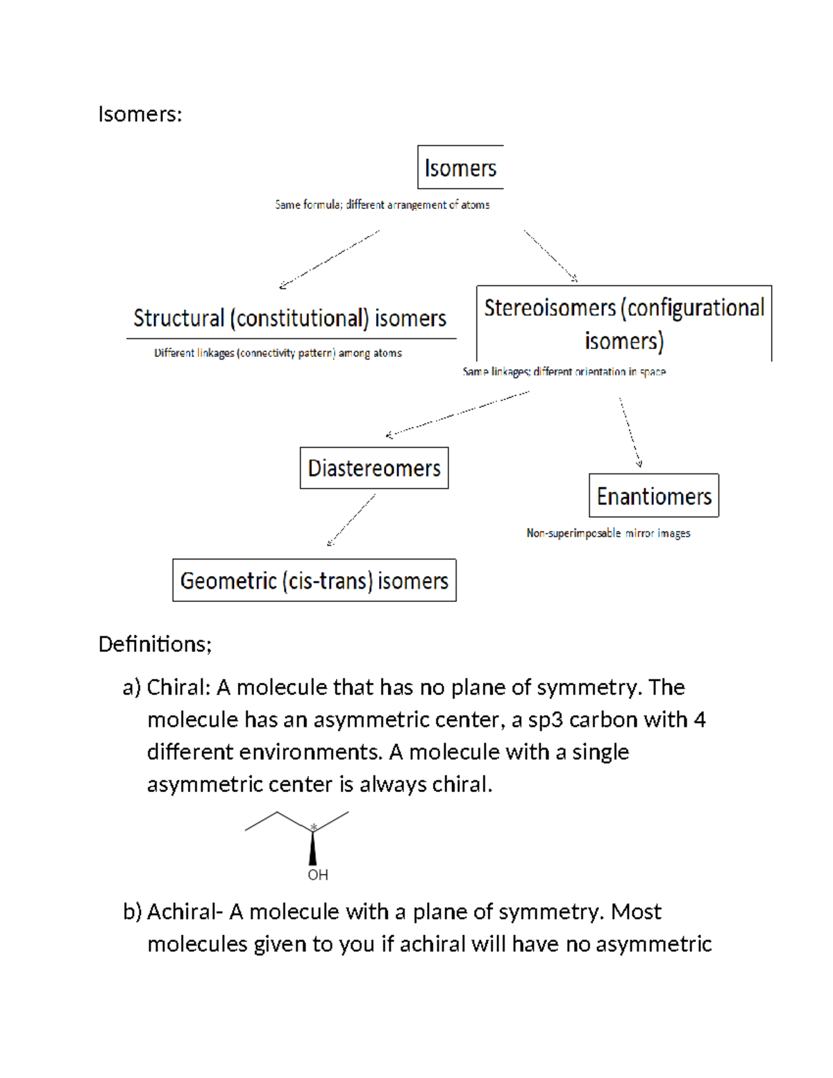 Isomers NYA W 24-2 - notes - Isomers: Definitions; a) Chiral: A ...