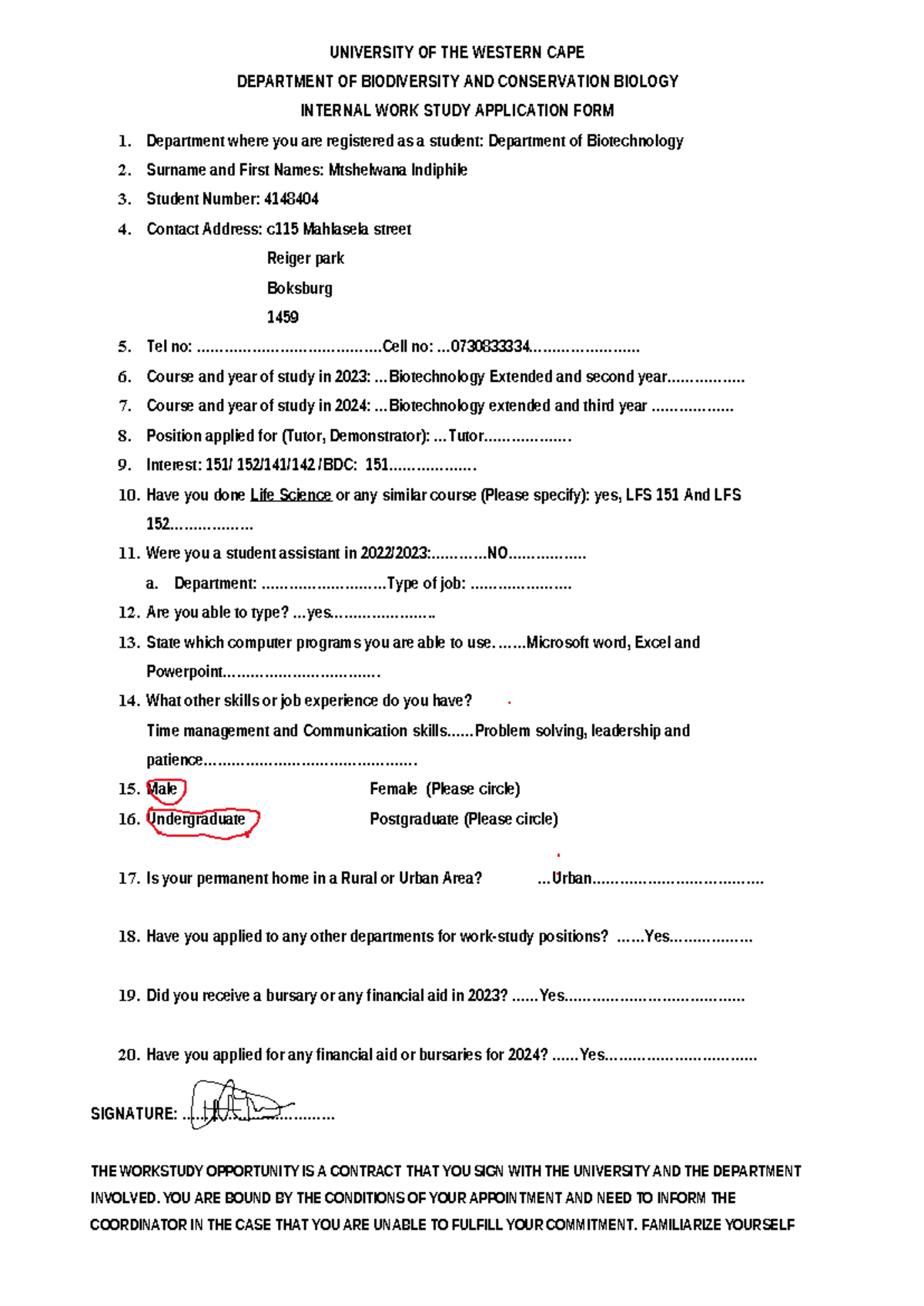 BCB workstudy form 2024 - UNIVERSITY OF THE WESTERN CAPE DEPARTMENT OF ...