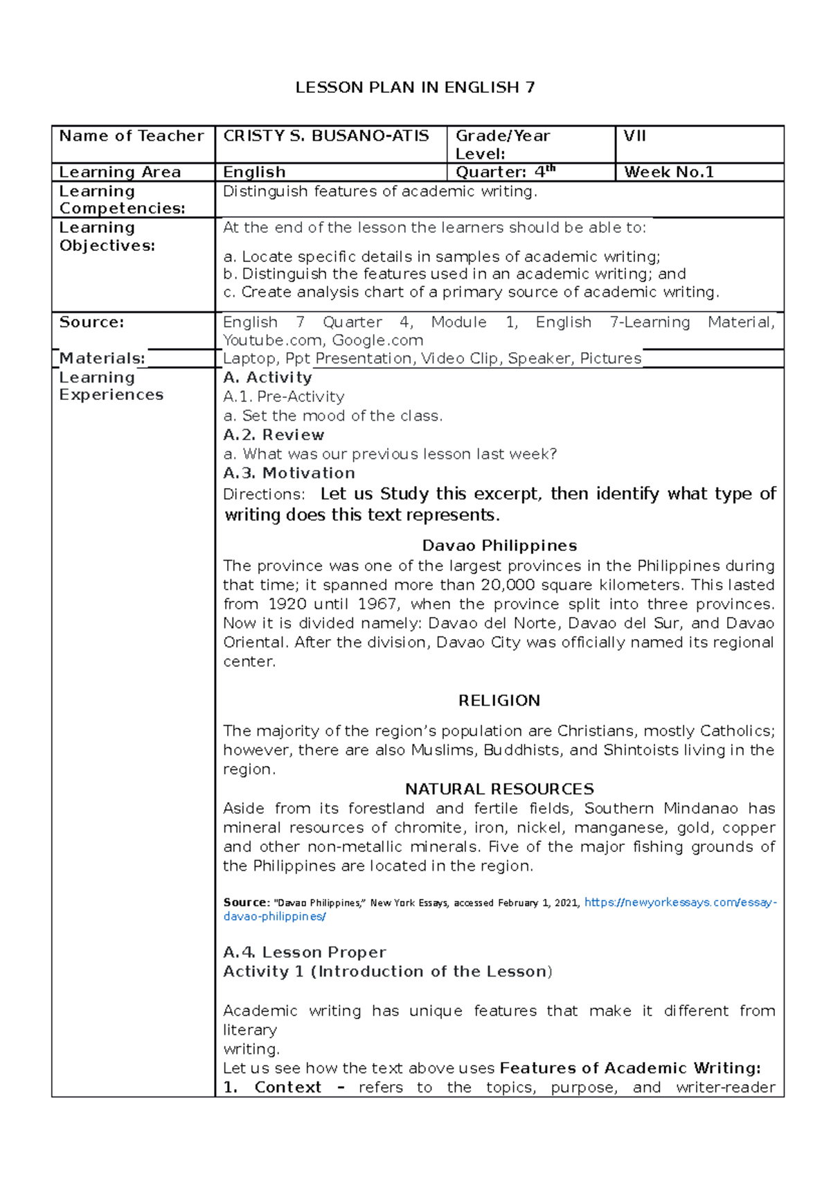 Lesson PLAN IN English 7-Academic Writing - LESSON PLAN IN ENGLISH 7 ...