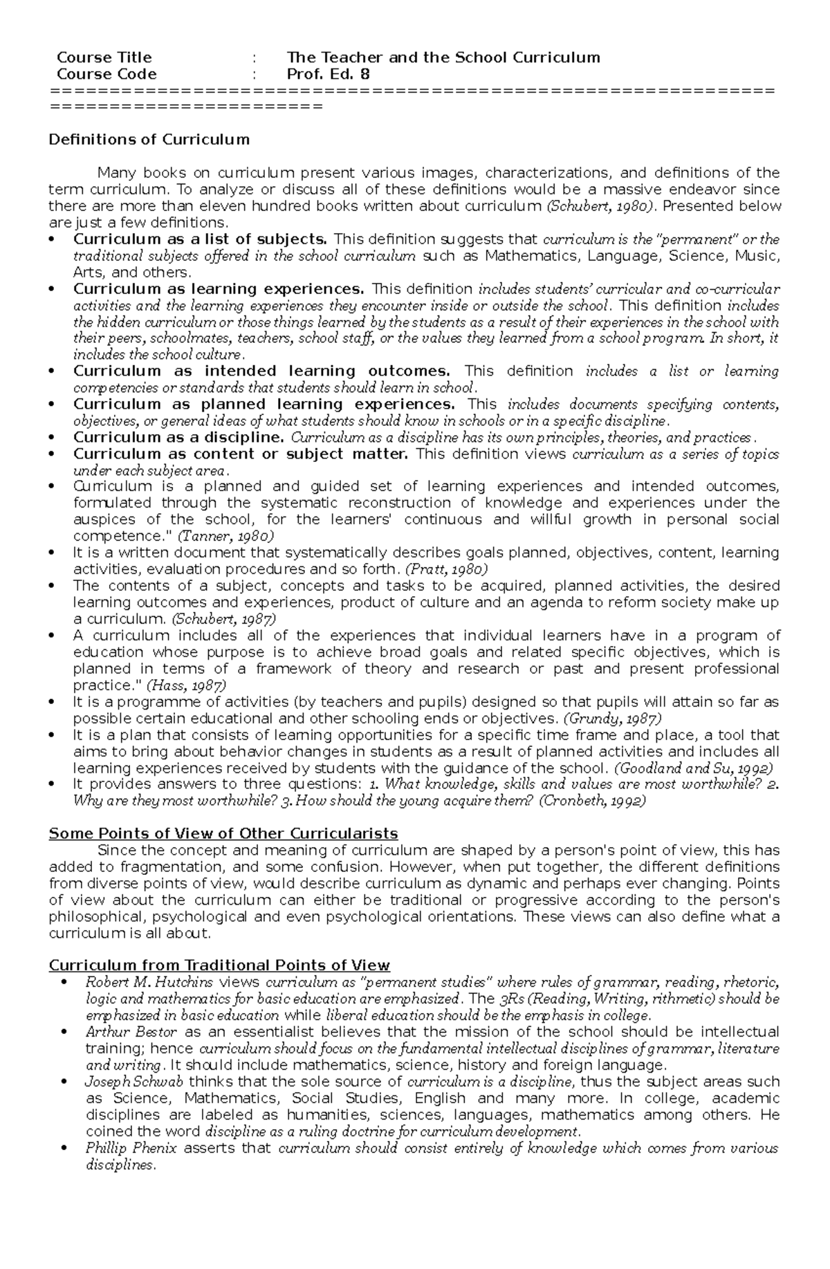 Definitions of Curriculum - Course Title : The Teacher and the School ...
