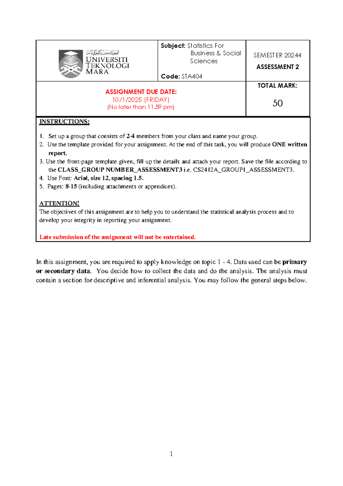 Assessment 2 Sta404 Group Assignment Subject Statistics For