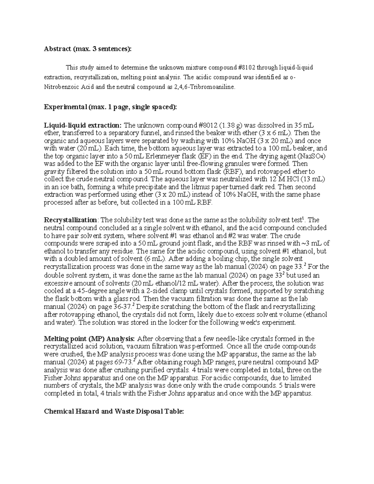 Chem 235 Exp 3 Lab Report - Abstract (max. 3 sentences): This study aimed to determine the ...