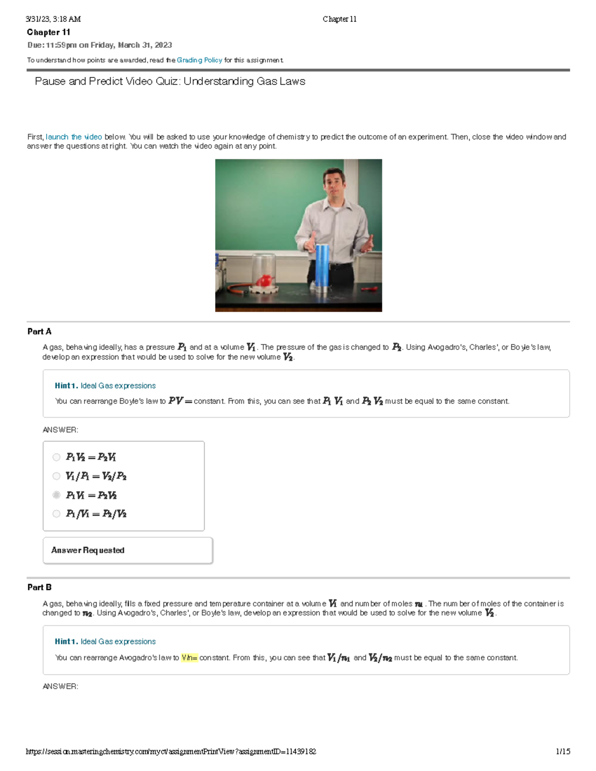 Pause and Predict Video Quiz: Understanding Gas Laws - Chapter 11 Due ...