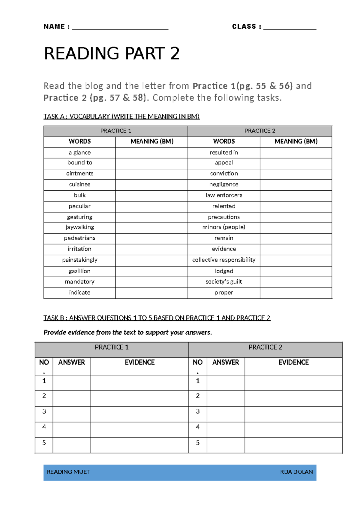 Reading PART 2 MUET - NAME : _____________________________ CLASS ...