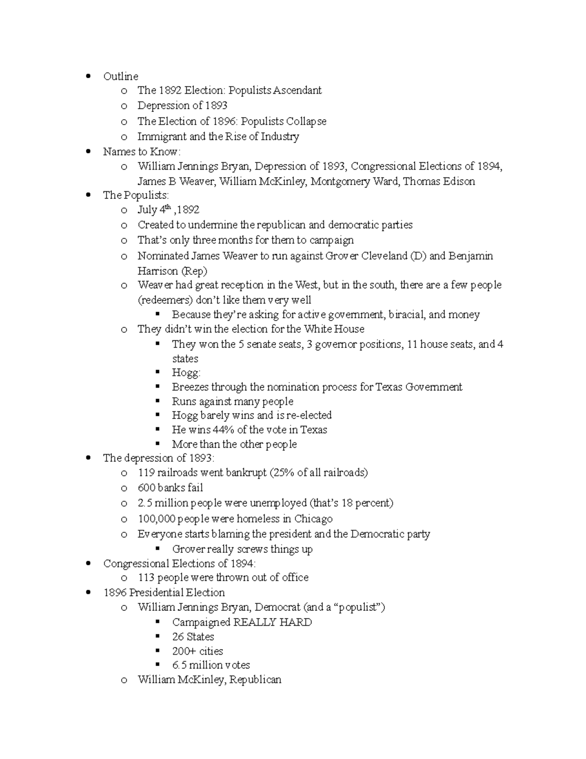 History Notes 190918 - Outline o The 1892 Election: Populists Ascendant ...