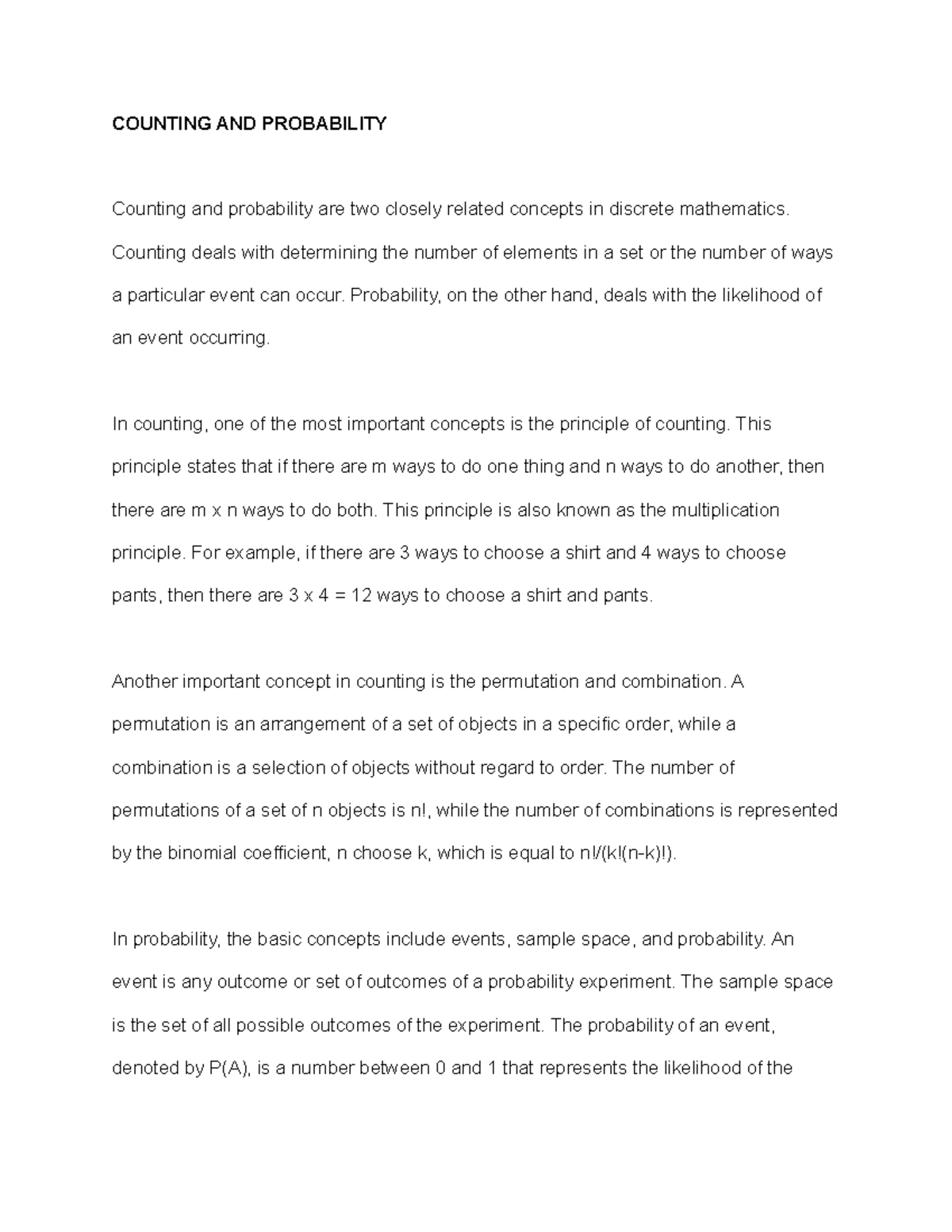 Counting and Probability Summary - COUNTING AND PROBABILITY Counting ...