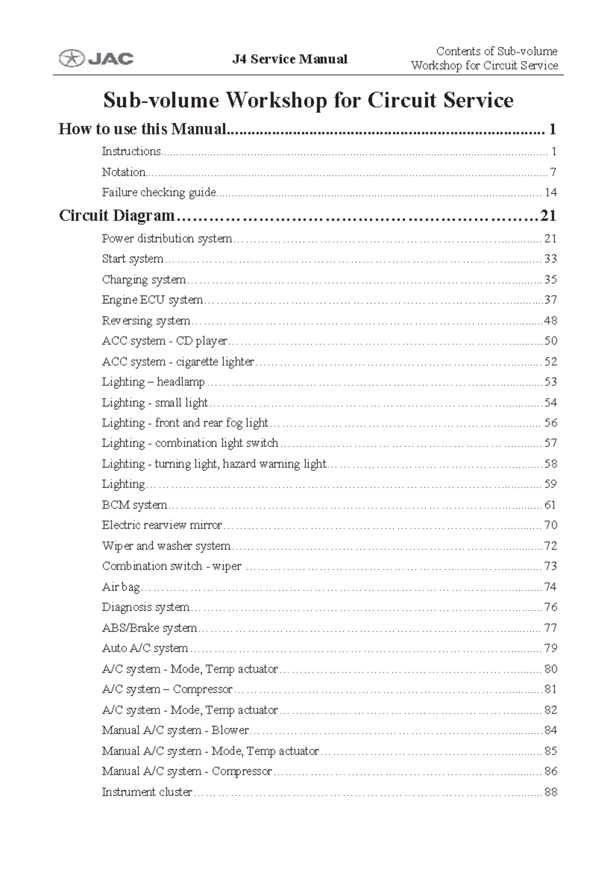 jac J4 Diagrama Electrico - J4 Service Manual Contents of Sub-volume ...