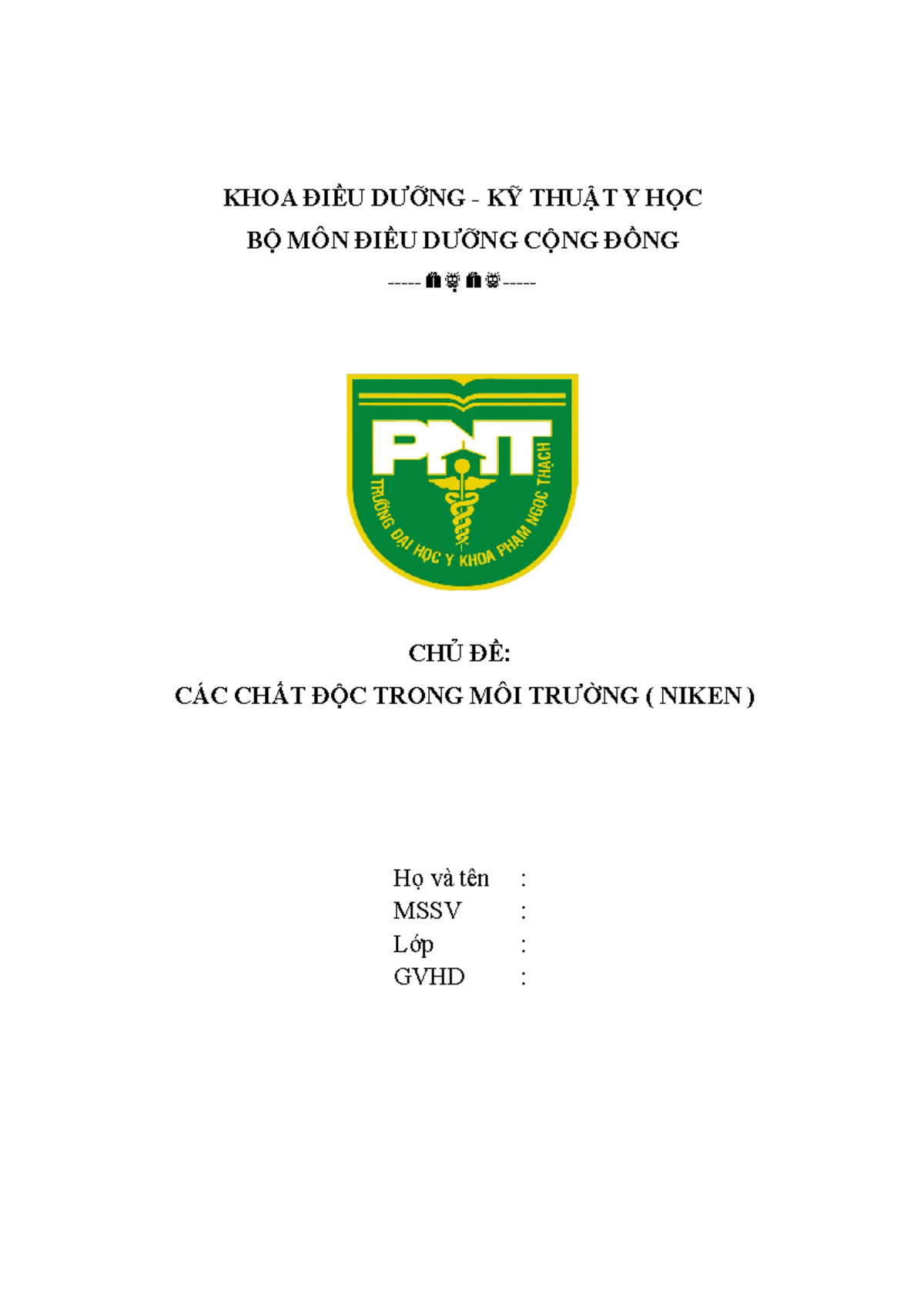 SKMT bài cá nhân - niken - KHOA ĐIỀU DƯỠNG - KỸ THUẬT Y HỌC BỘ MÔN ĐIỀU ...