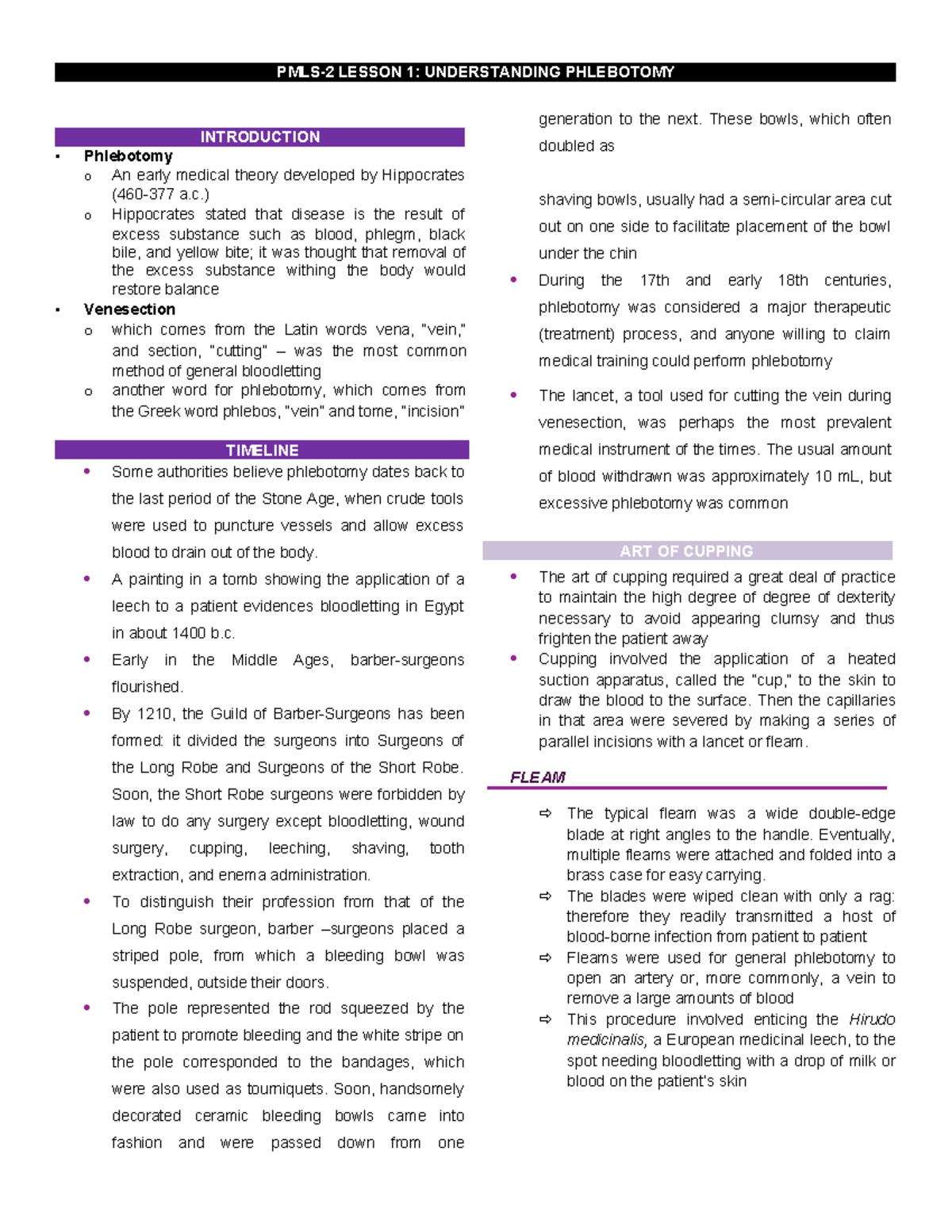 Lesson 1 Notes - PMLS-2 LESSON 1: UNDERSTANDING PHLEBOTOMY INTRODUCTION ...