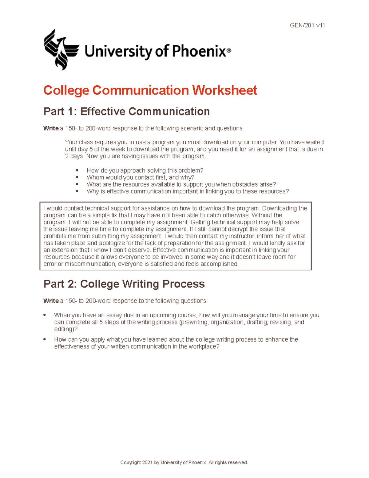 College communication worksheet wk3 completed - GEN/201 v College ...