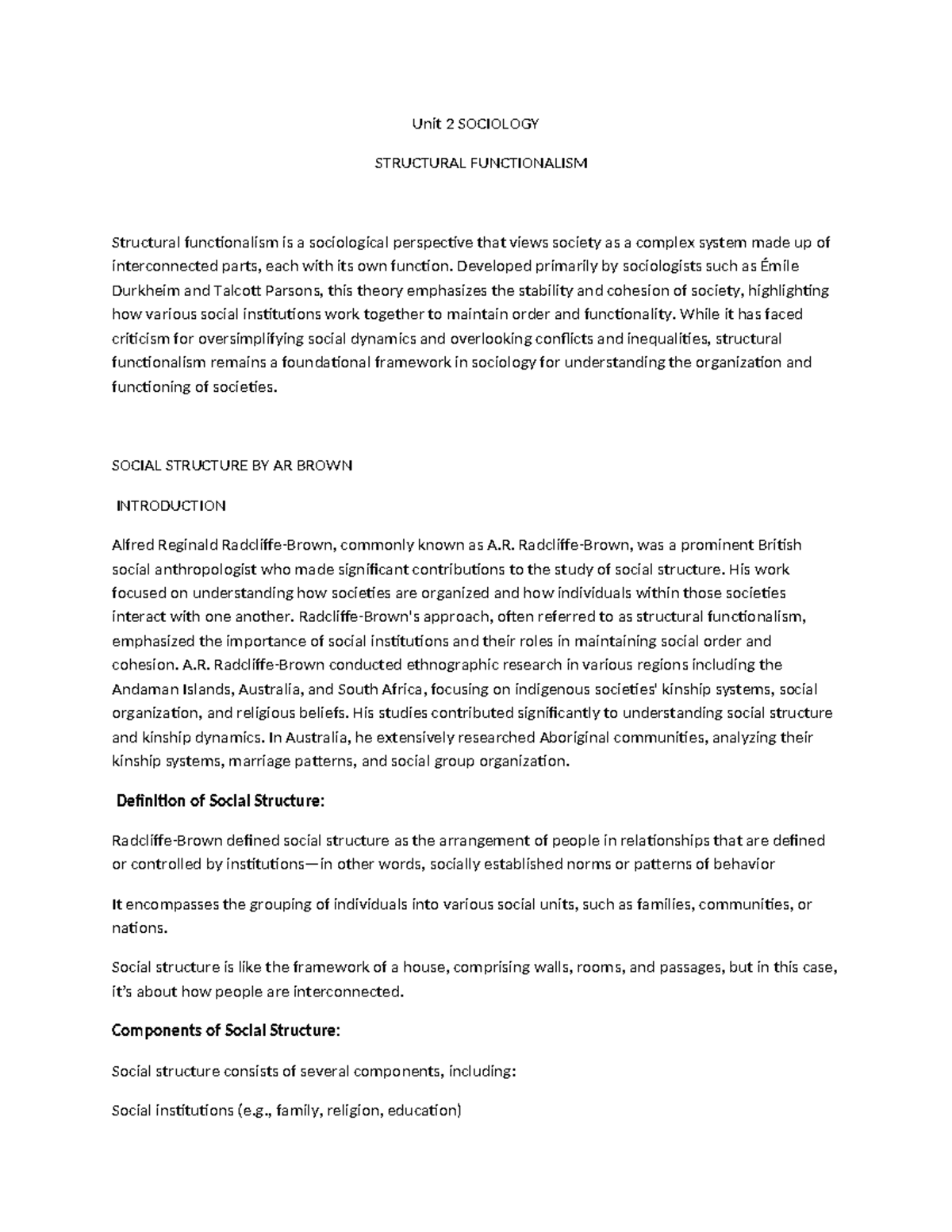 Sociology-III UNIT 2 - Sociology notes - Unit 2 SOCIOLOGY STRUCTURAL ...