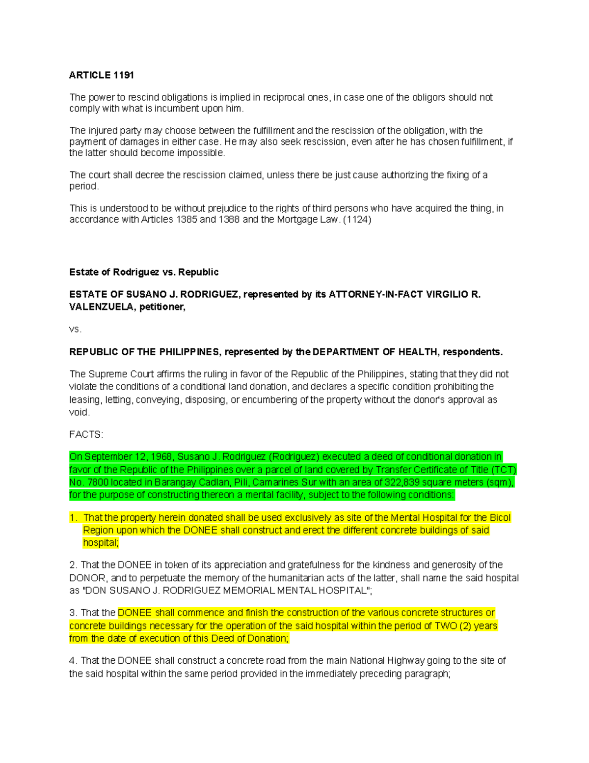 Article 1191 estate of rodriguez - ARTICLE 1191 The power to rescind ...