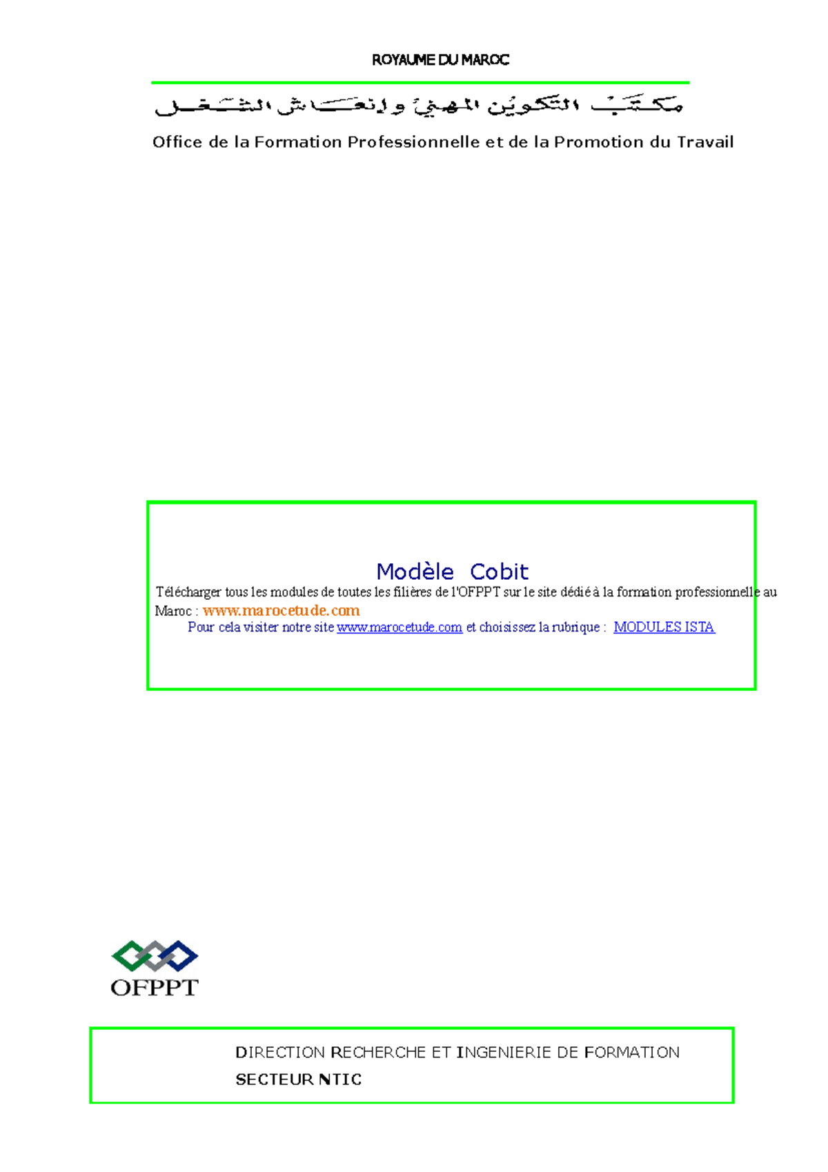 Modele Cobit Modele Cobit - ROYAUME DU MAROC Office de la Formation Professionnelle et de la ...