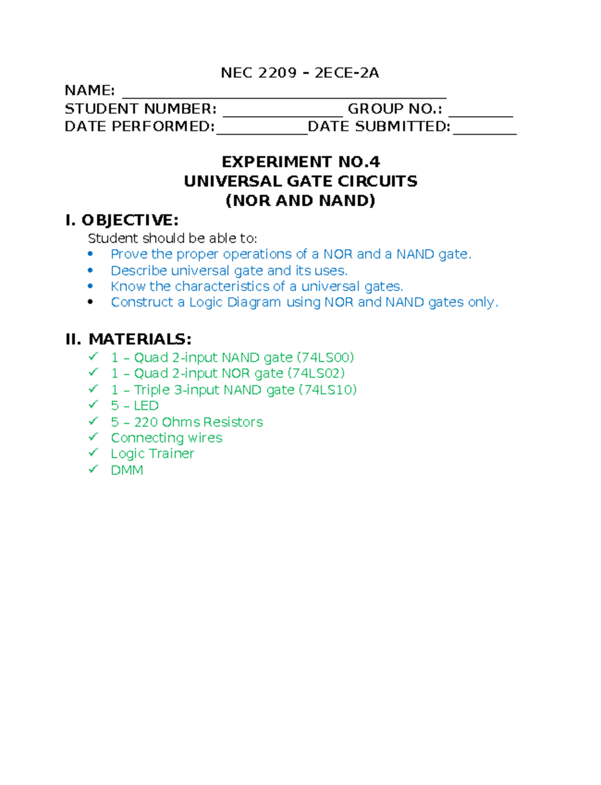 NEC 2209 Experiment NO. 4 - Universal GATE Circuits B - NEC 2209 – 2ECE ...