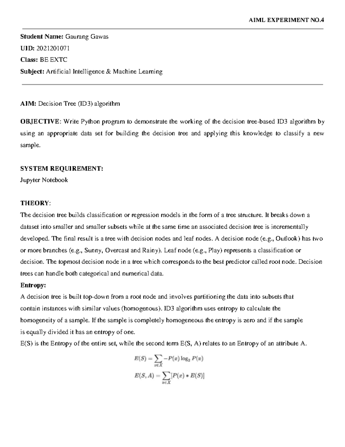 AIML Practical No - Student Name: Gaurang Gawas UID: 2021201071 Class ...